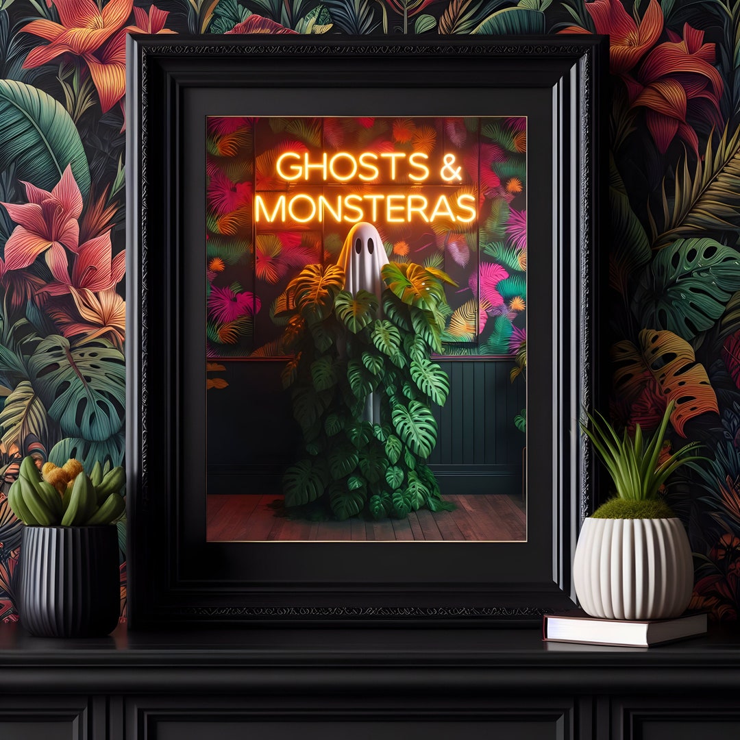 Ghosts & Monsteras Neon Sign Print - Tropigoth Art Poster, Botanical ...