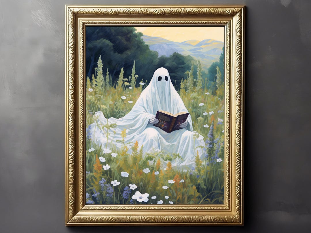 Ghost Reading in Field of Wildflowers - Whimsical Art, Cottagecore ...