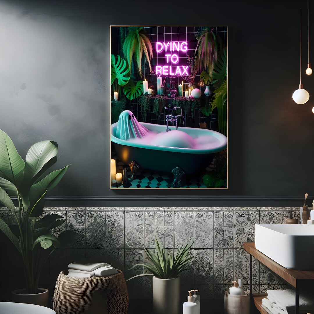Dying to Relax - Tropigoth Bathroom Print, Gothic Bathroom Decor, Neon ...
