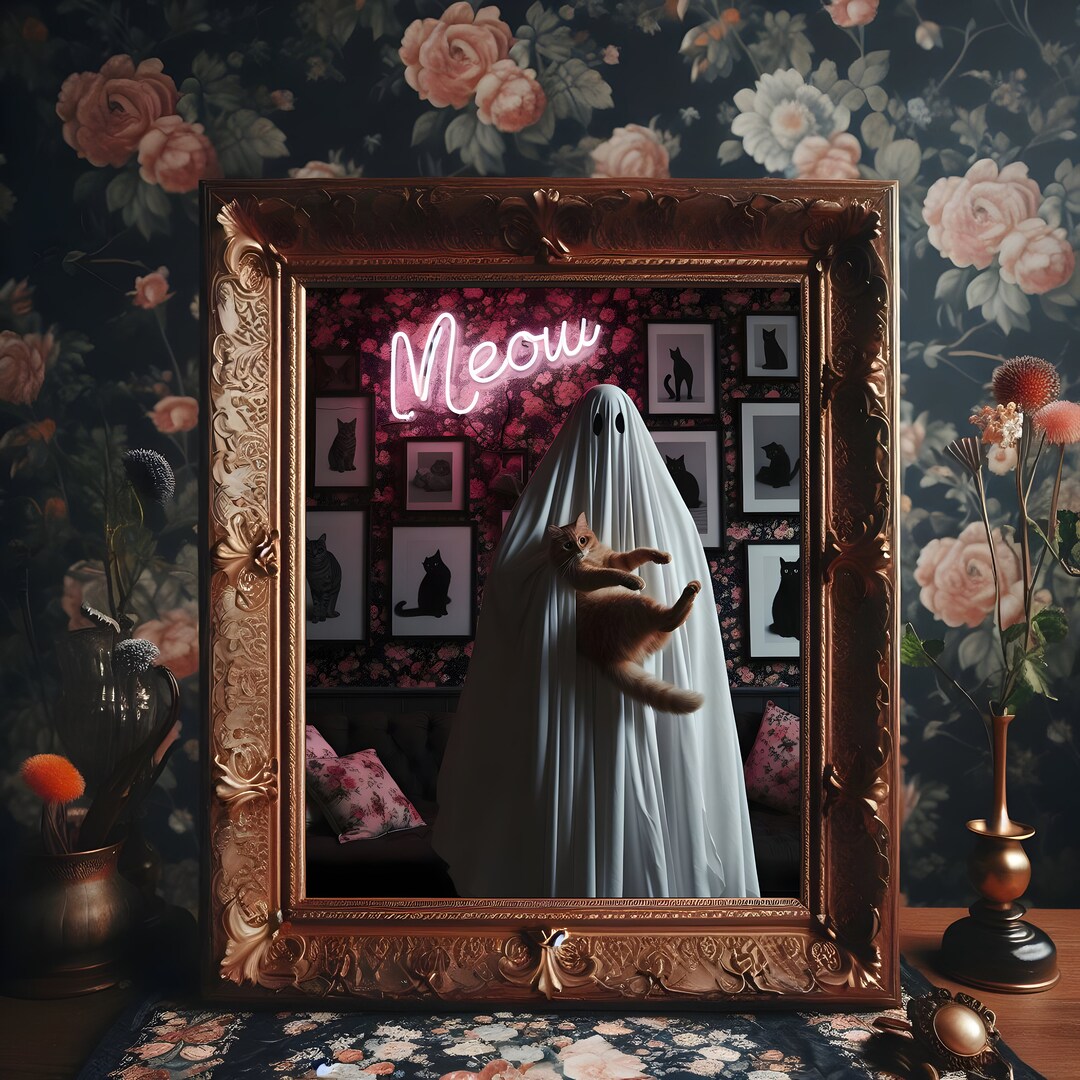 Meow Ghost Cat Print - Gothic Neon Sign Poster, Animal Print, Gothic ...