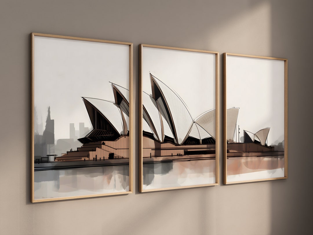 Architectural Sketch of Sydney Opera House, Set of 3 Wall Art, Brown ...