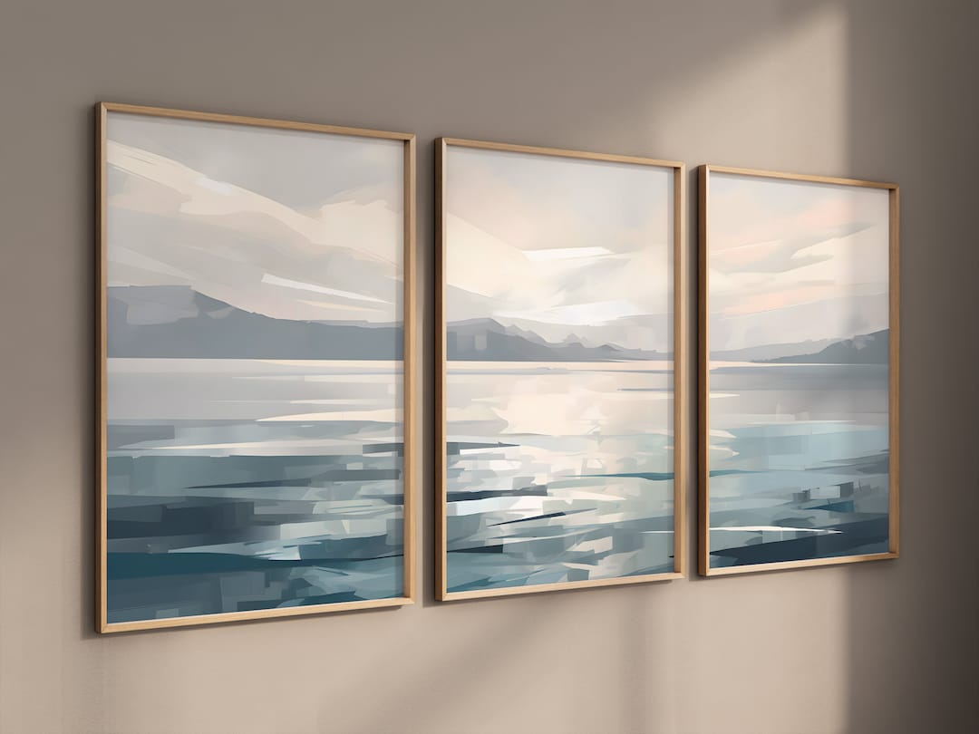 Abstract Calm Lake, Blue Wall Art, Set of 3, Minimalist Digital ...