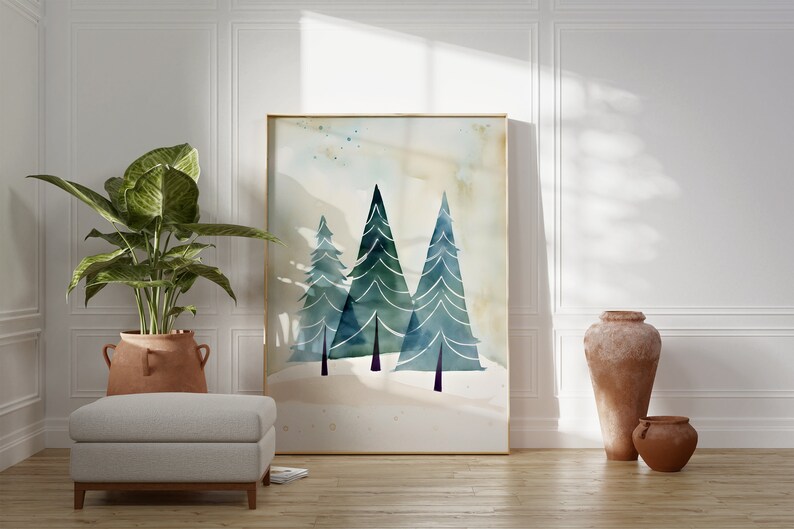 Stylized Pine Trees Printable, Serene Winter Landscape, Digital Wall ...