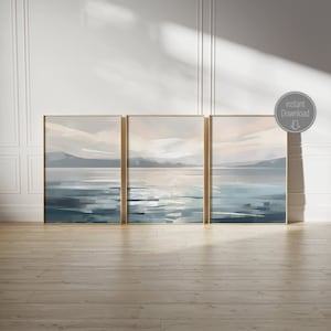 Abstract Calm Lake, Blue Wall Art, Set of 3, Minimalist Digital ...