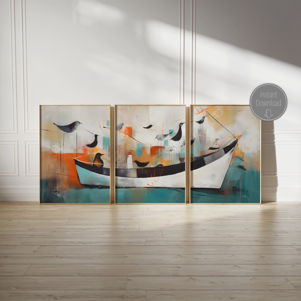 Colorful Abstract Bird Boat Trio, Maritime Printable Wall Art, Digital ...