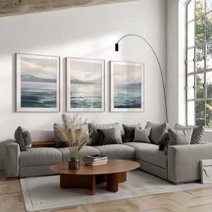 Abstract Calm Lake, Blue Wall Art, Set of 3, Minimalist Digital ...