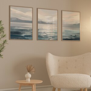 Abstract Calm Lake, Blue Wall Art, Set of 3, Minimalist Digital ...