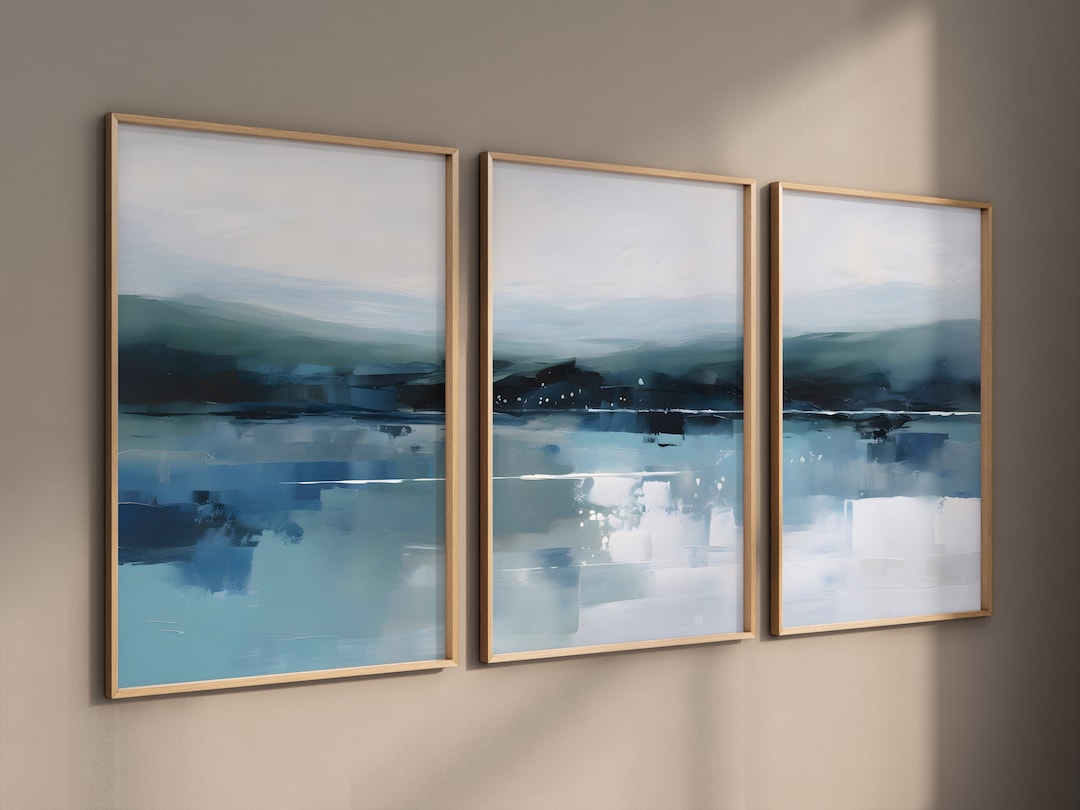 Set of 3 Abstract Blue Lake Wall Art, Printable Blueish Home Decor ...