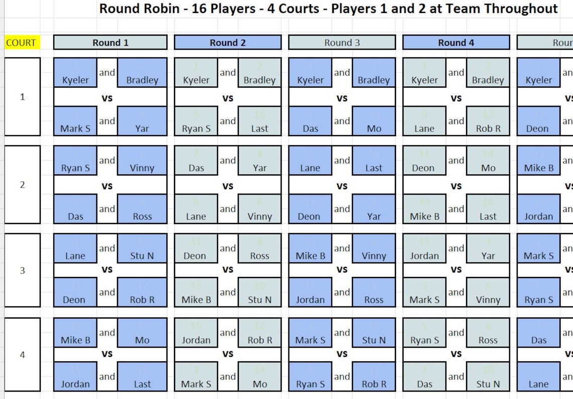 Pickleball - Round Robin Excel Sheet - 16 Players on 4 Courts - (10 ...