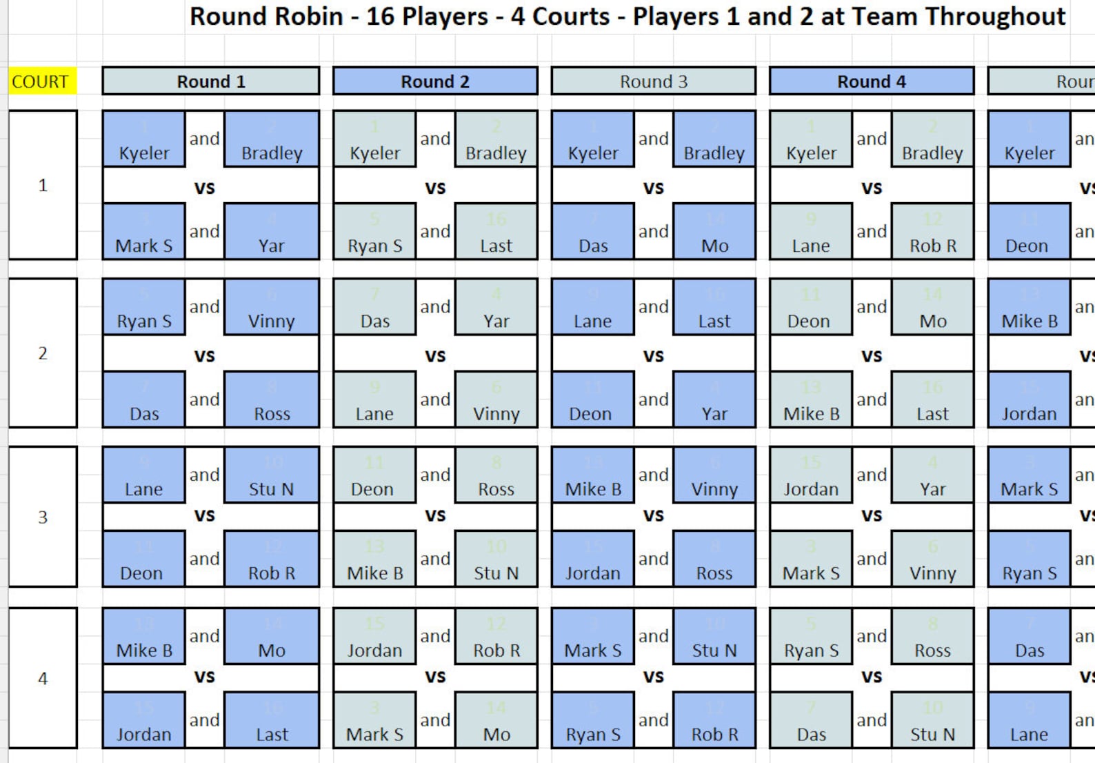 Pickleball - Round Robin Excel Sheet - 16 Players on 4 Courts - (10 Rounds) (players One and Two ...