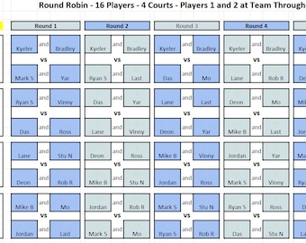 Pickleball - Round Robin Excel Sheet - 16 Players on 4 Courts - (10 ...