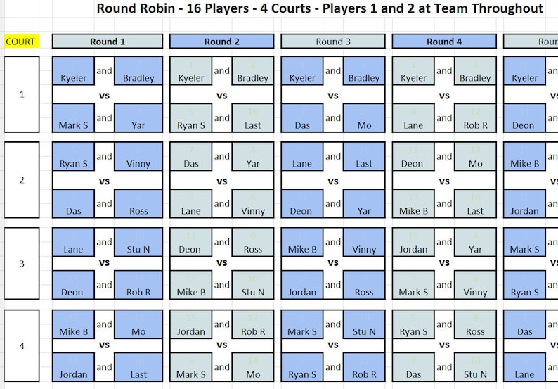 Pickleball - Round Robin Excel Sheet - 16 Players on 4 Courts - (10 ...