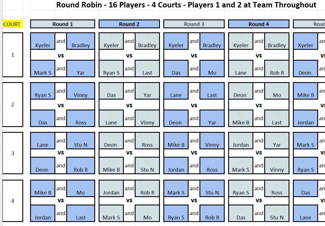 Pickleball - Round Robin Excel Sheet - 16 Players on 4 Courts - (10 ...