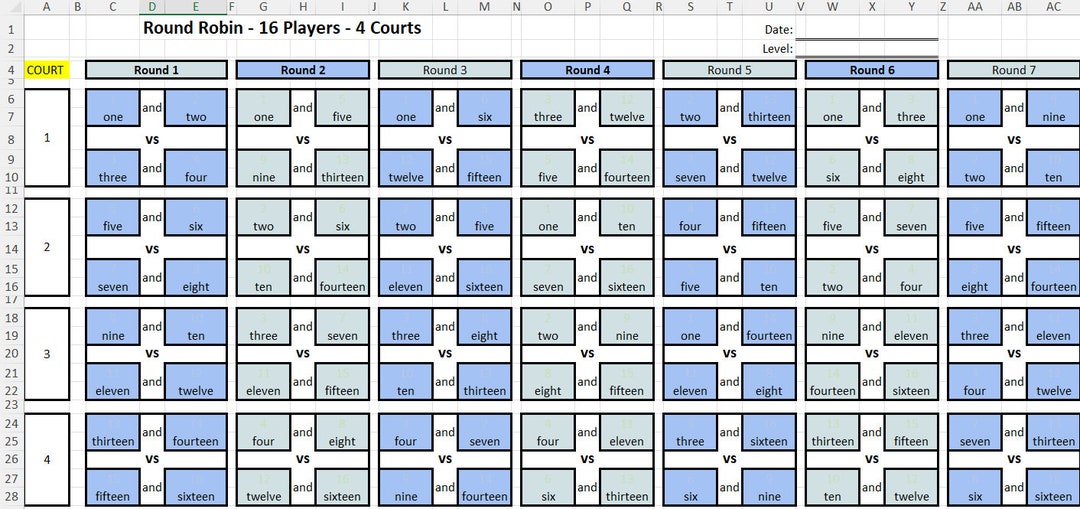Pickleball - Round Robin Excel Sheet - 16 Players on 4 Courts - (10 ...