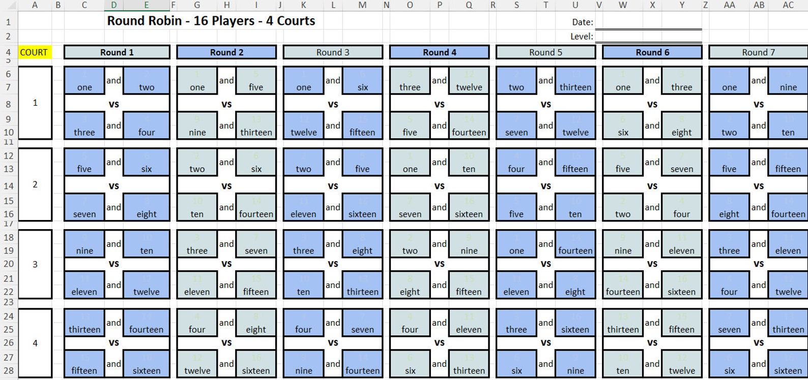 Pickleball - Round Robin Excel Sheet - 16 Players on 4 Courts - (10 ...