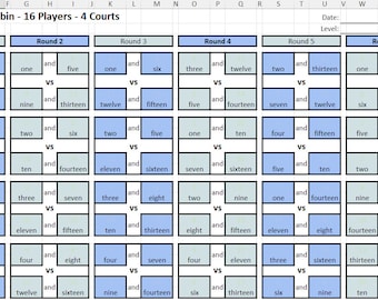 Pickleball - Round Robin Excel Sheet - 16 Players on 4 Courts - (10 ...