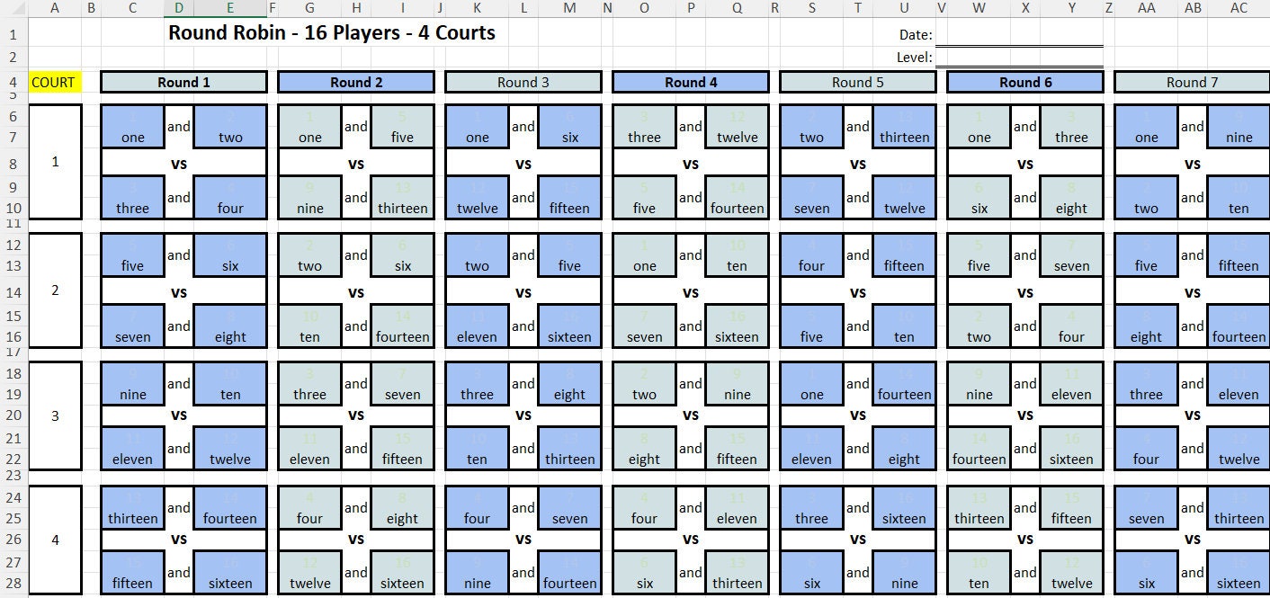 Pickleball - Round Robin Excel Sheet - 16 Players on 4 Courts - (10 ...