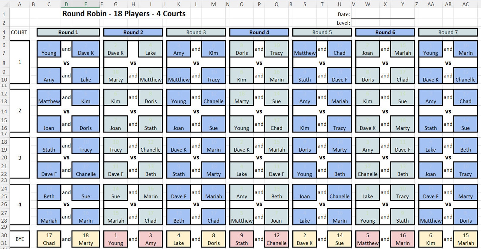 Pickleball - Round Robin Excel Sheet - 18 Players on 4 Courts - 2 ...