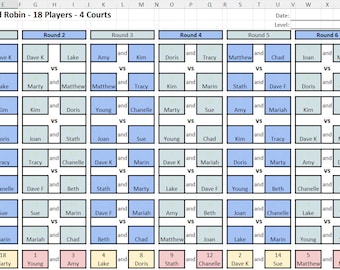 Pickleball - Round Robin Excel Sheet - 16 Players on 4 Courts - (10 ...