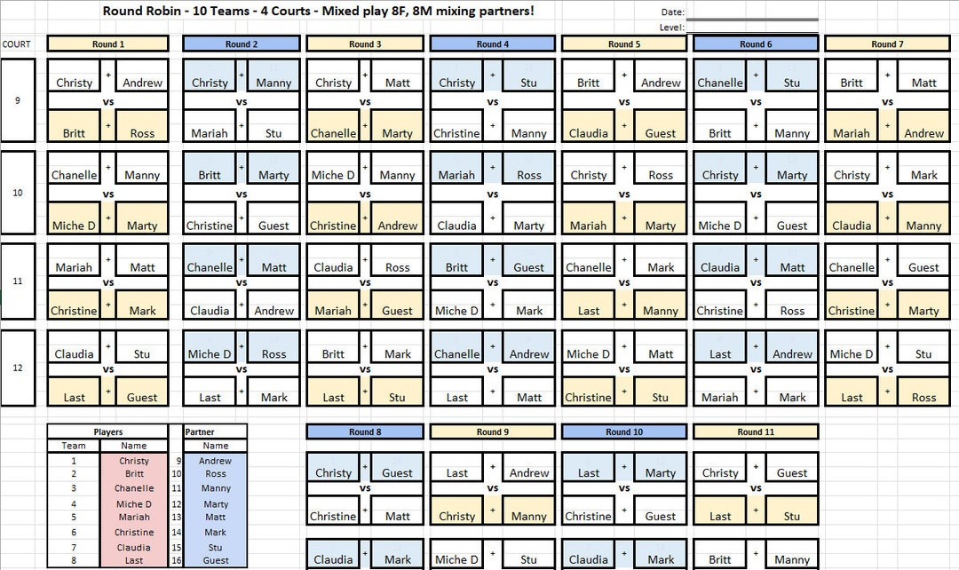 Pickleball - MIXED PLAY Round Robin Excel Sheet - 16 Players on 4 ...