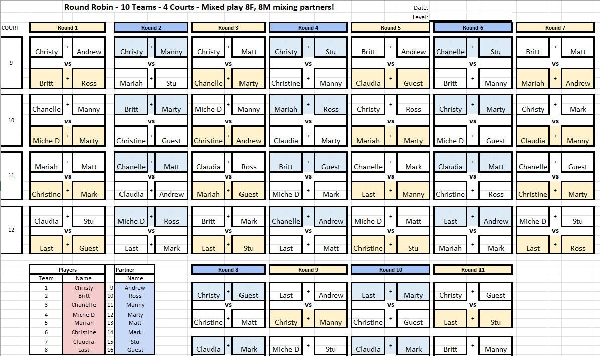 Pickleball - MIXED PLAY Round Robin Excel Sheet - 16 Players on 4 ...