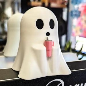 Cute Ghost Figurine Holding Mini Stanley Tumbler - Adorable Ghost ...