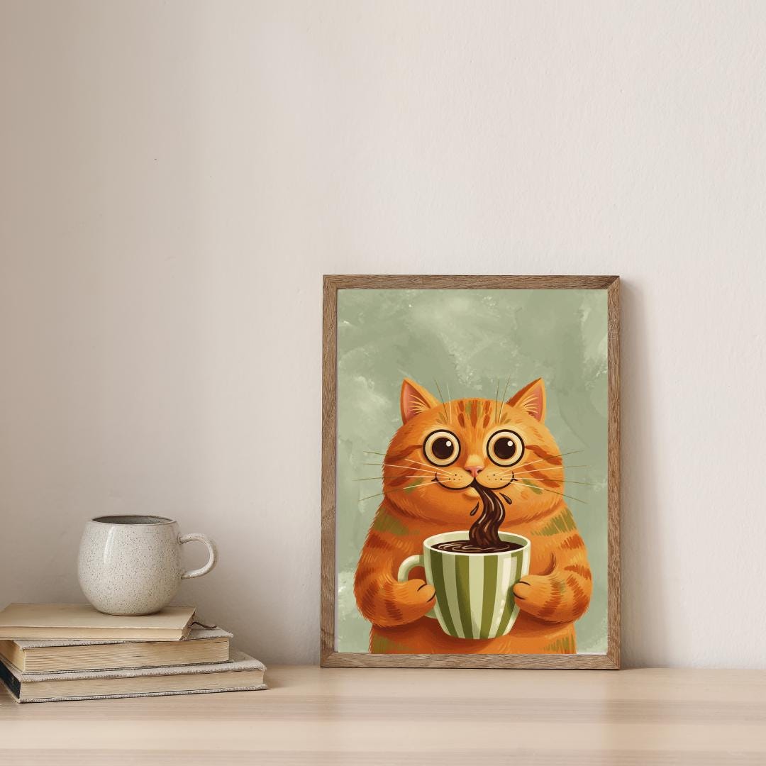 Cute Coffee Cat Printable Wall Art, Orange Cat Poster | Cozy Cat ...