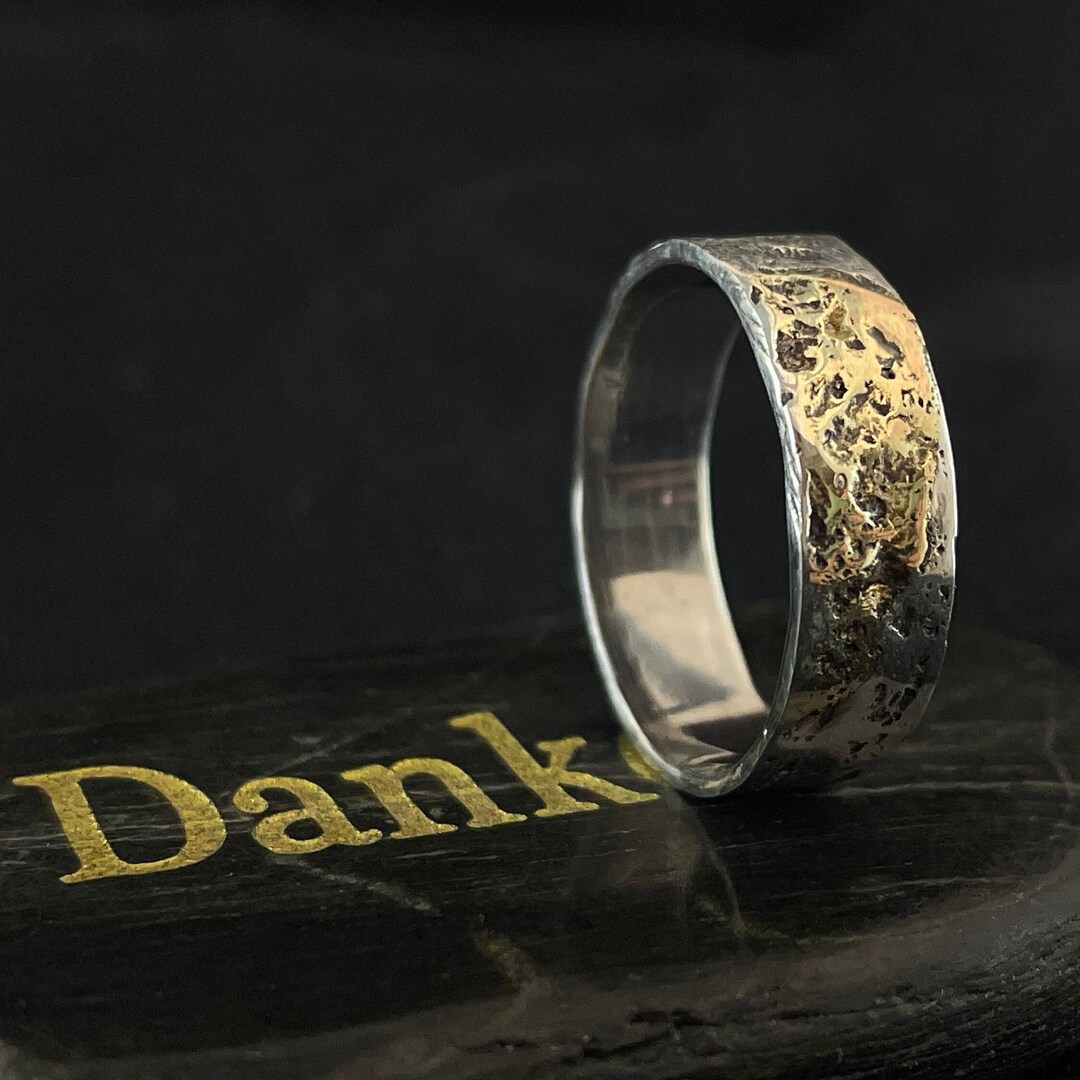 Silver Ring With Hammered Gold on Asphalt Mens Ring Silver Ring Wide ...