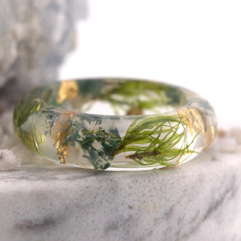 Real Moss Ring With Stone, Gold Moss Ring, Natural Resin Ring With ...