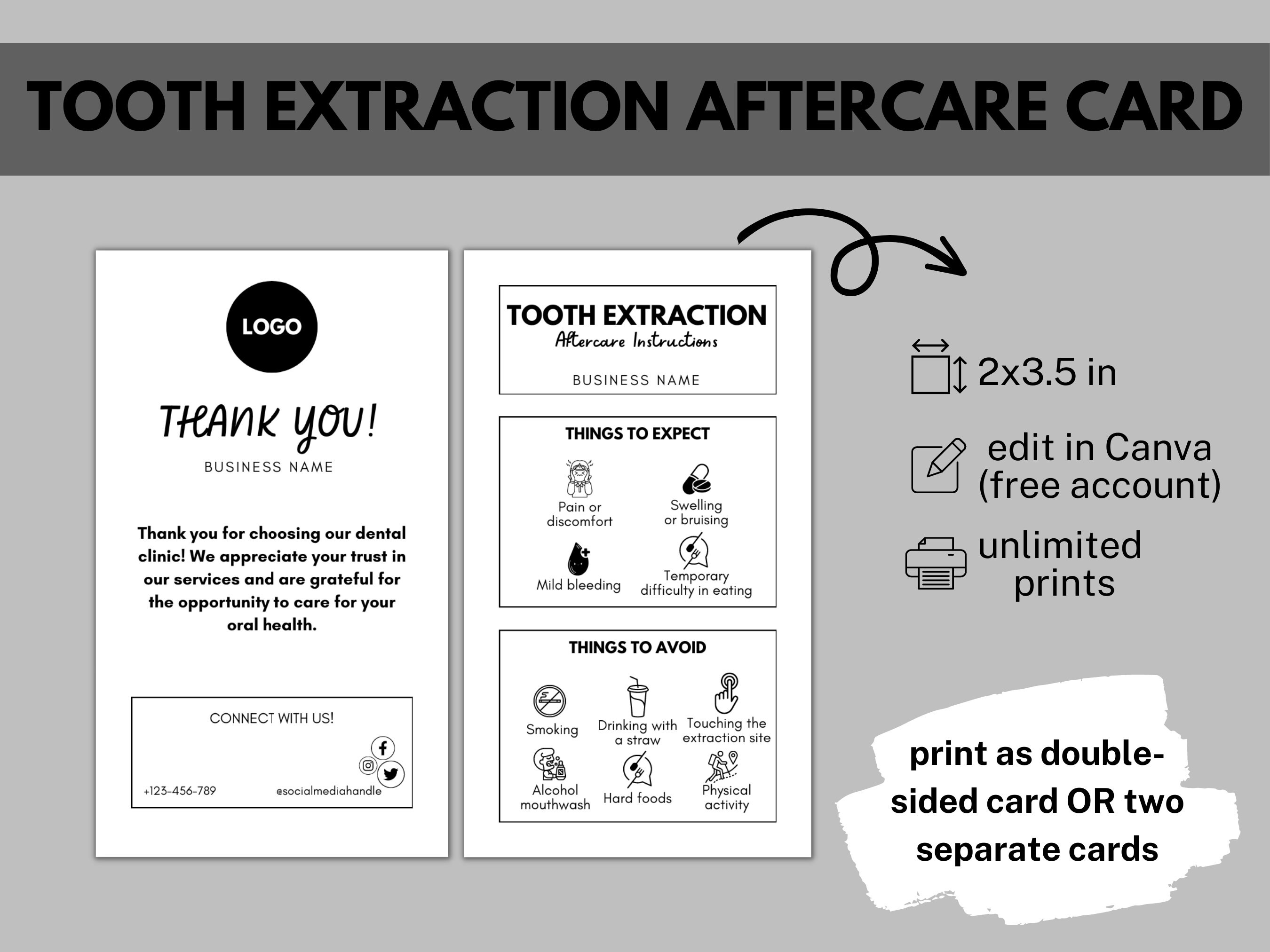 Editable Aftercare Template for Dental Treatment Care Instructions Card ...
