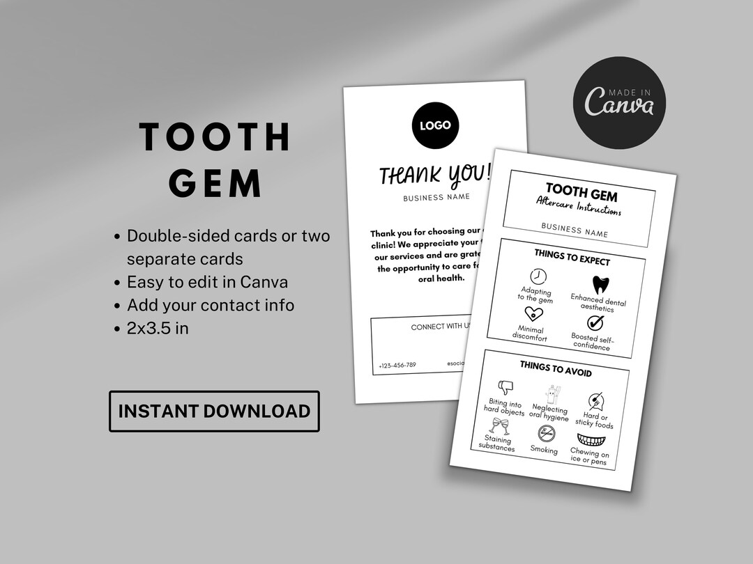 Tooth Gem Aftercare Card Editable Tooth Jewel Care Instructions for ...