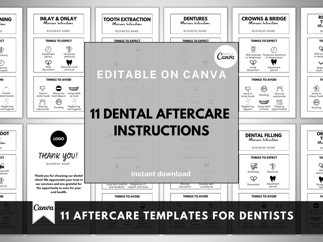 Editable Aftercare Cards Template Bundle Pack for Dental Business ...