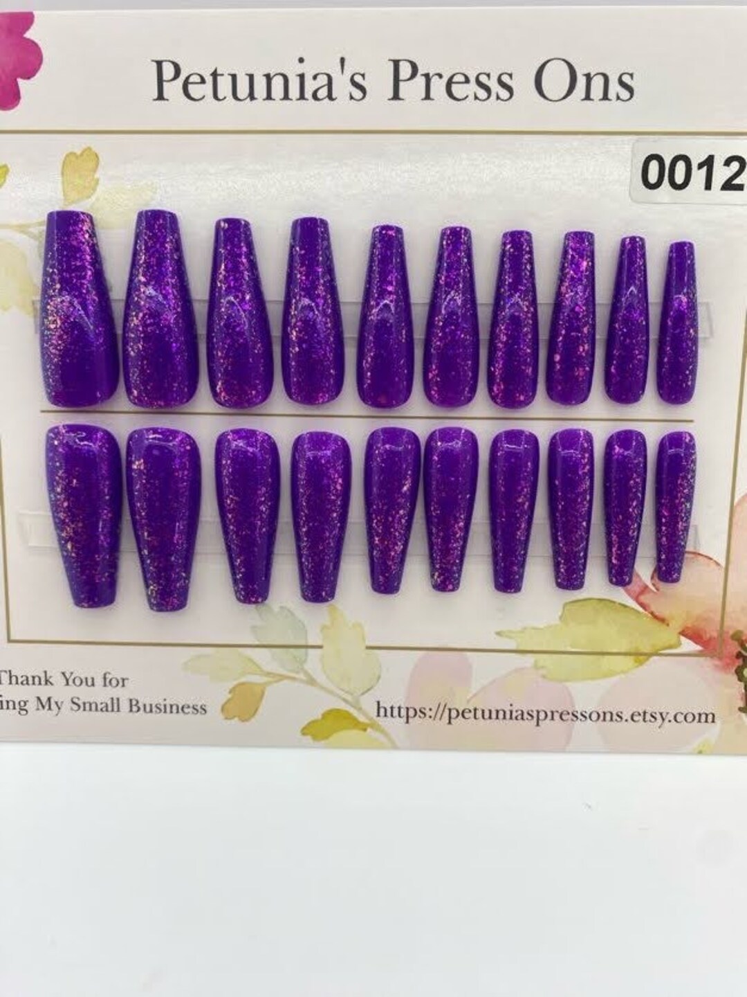 Set of 20 Long Coffin, Ready to Ship Press on Nails. Dark Purple With ...