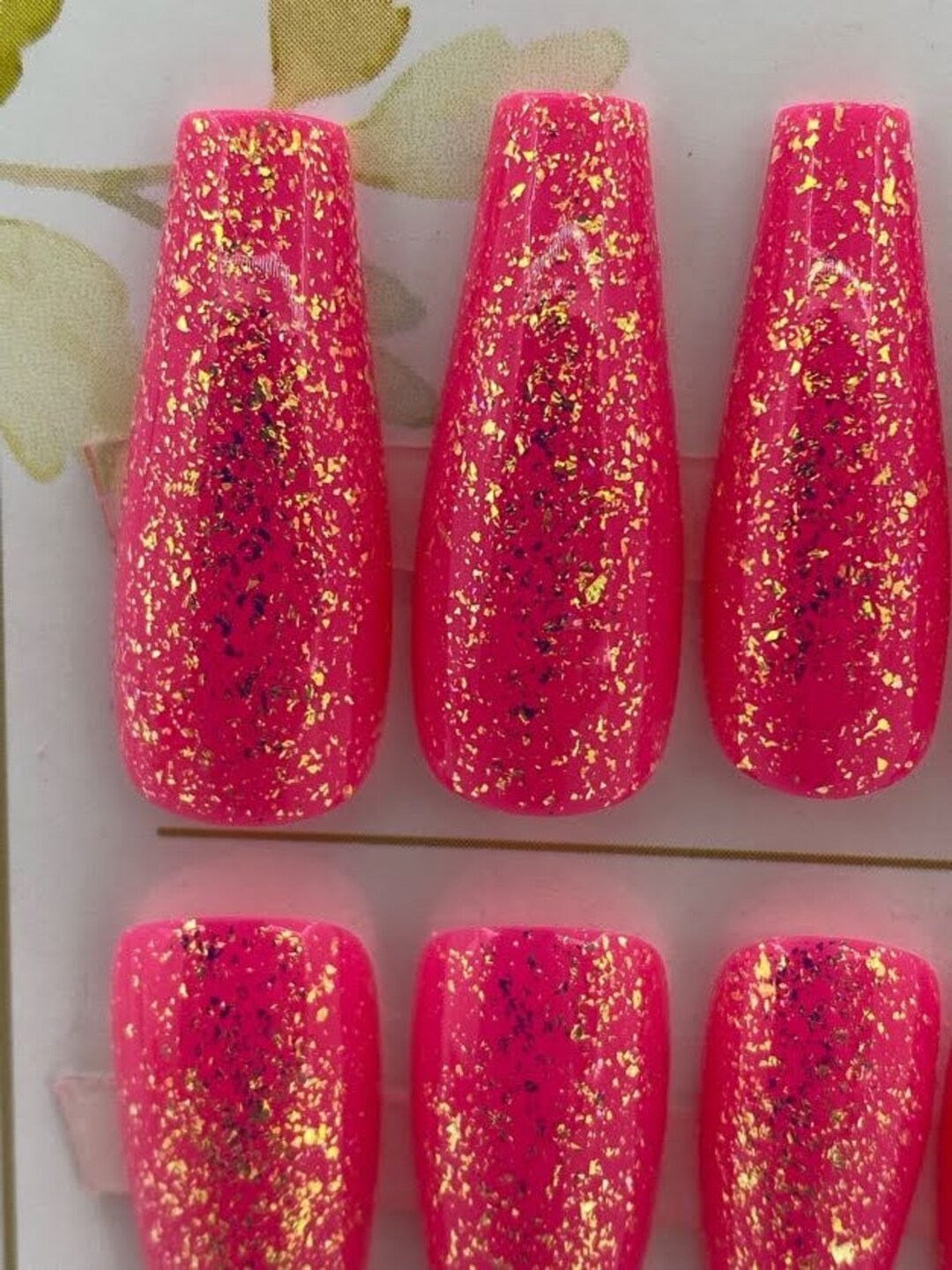 Set of 20 Long Coffin, Ready to Ship Press on Nails. Bright Coral Pink ...