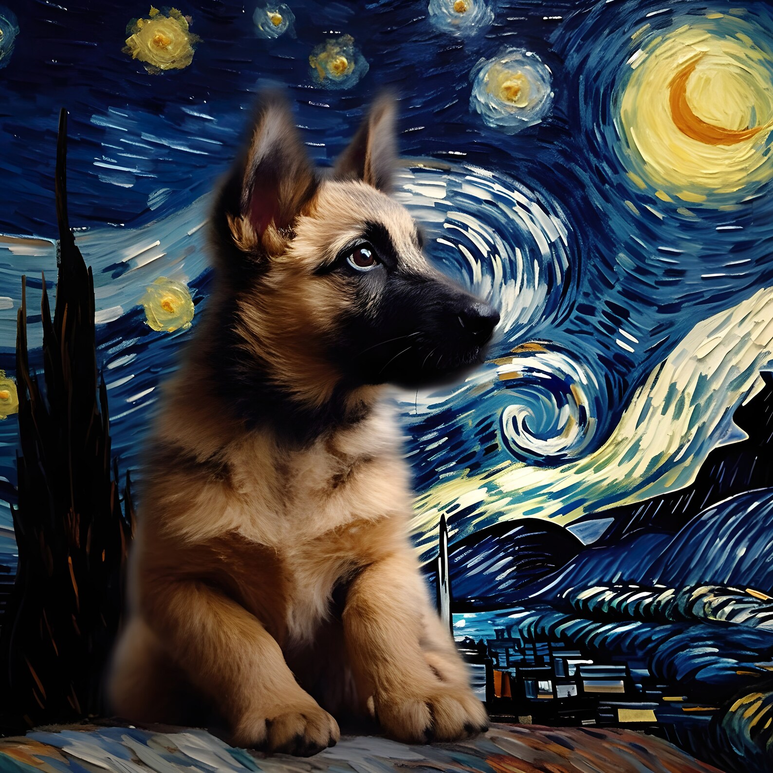 Starry Night German Shepherd Puppy Wall Art Portrait Dog Room Decor ...