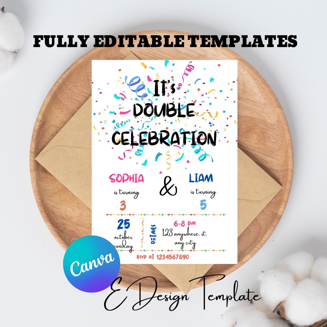 Editable Double Birthday Celebration, Printable Sibling Birthday Party ...