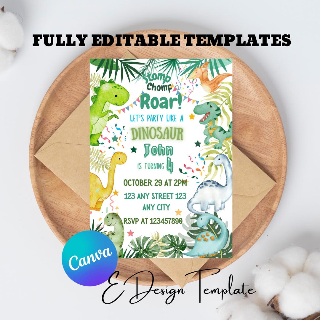 Dino Birthday Invitation Template: Editable Kids Party Invite (digital ...