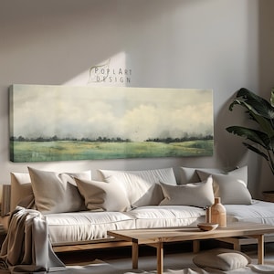 Horizontal Landscape Wall Art: Large Green Field Painting, Wide Framed ...