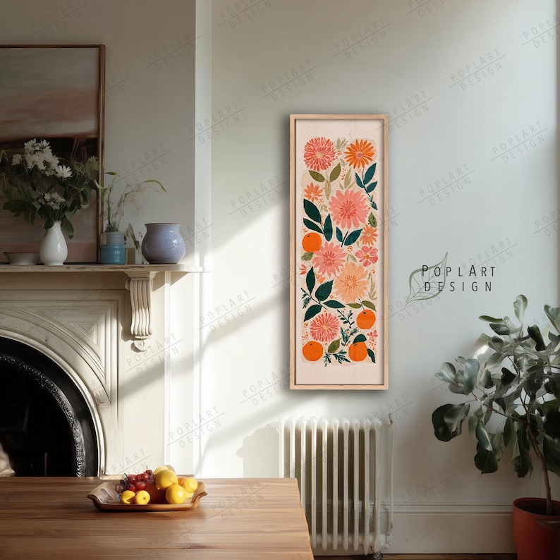Long Narrow Midcentury Flowers: Large Framed Canvas, Vertical Wall ...