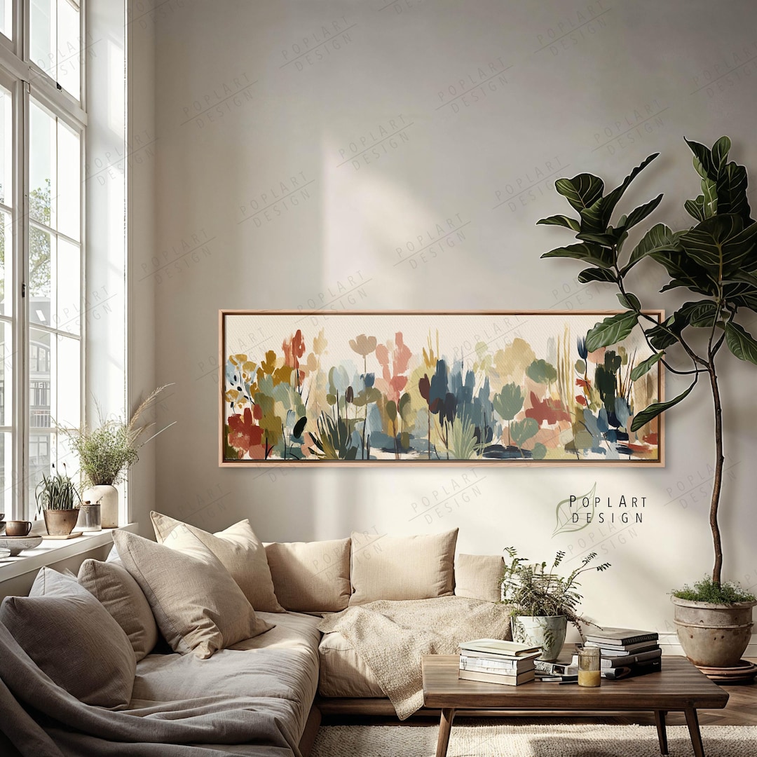 Mid Century Flowers Wall Art: Horizontal Large Framed Canvas Above Bed ...