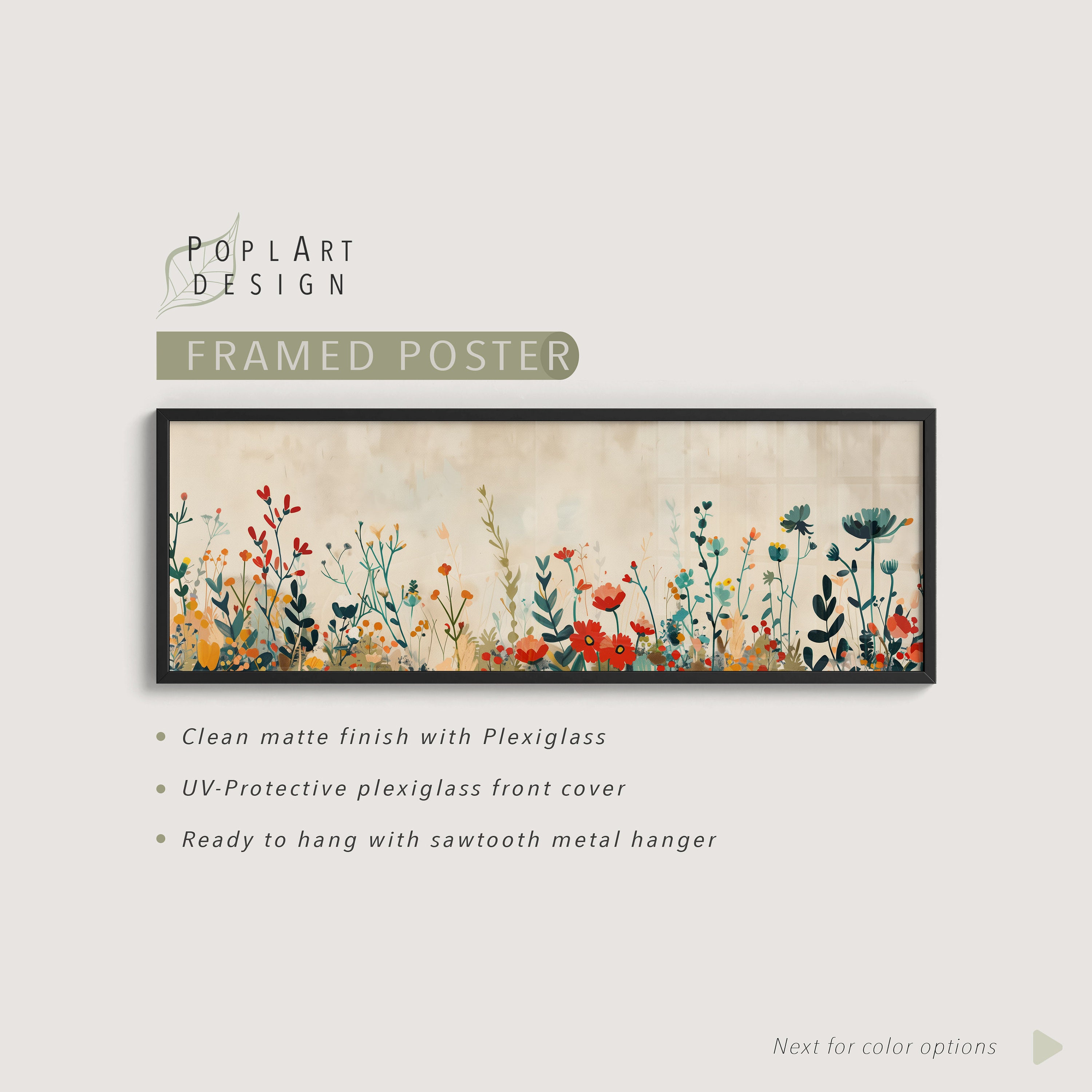 Wildflowers Garden, Horizontal Wall Art, Panoramic Landscape, Floral Botanical Art, Long Narrow ...