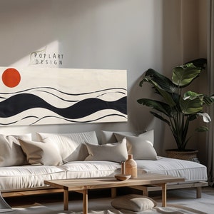 Minimalist Long Horizontal Sea Sun, Framed Canvas, Waves Line Art ...