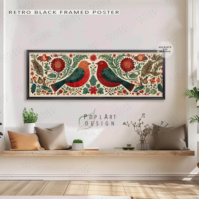 Horizontal Wide Love Birds Wall Art: Red Green Floral Christmas Large ...