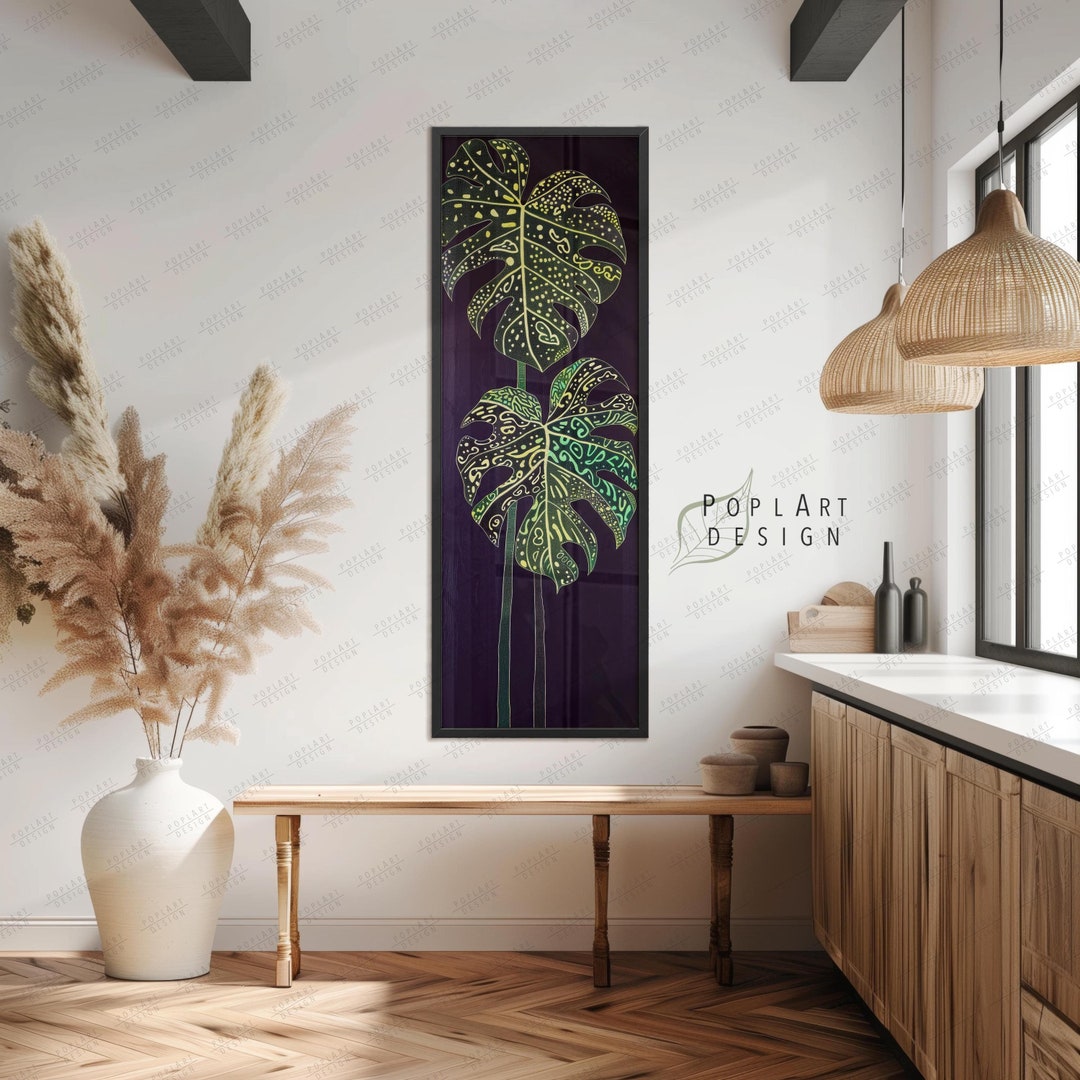 Long Vertical Wall Art, Large Framed Canvas, Neon Green Monstera Art ...