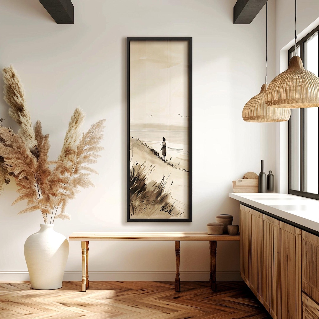 Coastal Cottage Landscape: Large Vertical Rustic Seaside Painting ...
