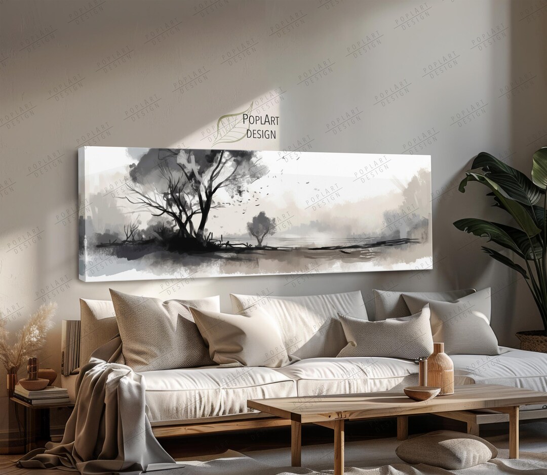 Horizontal Wall Art, Japanese Ink Art, Framed Canvas, Black and White ...