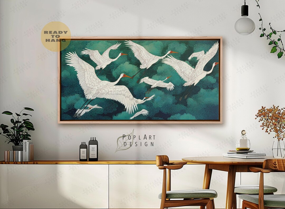Horizontal Japanese Art, Flying Cranes, Emerald Green Birds Print, Wide ...