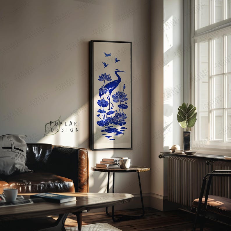 Japanese Heron Wall Art: Minimalist Blue and Beige Bird and Lotus, Long ...