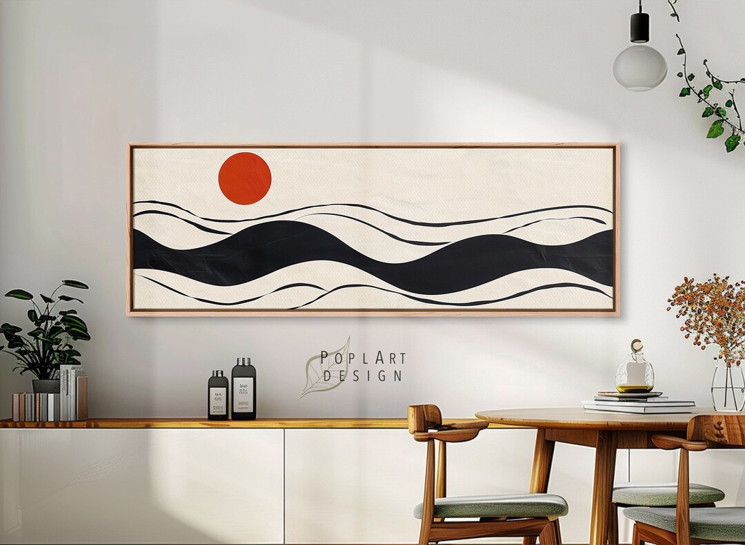Minimalist Long Horizontal Sea Sun, Framed Canvas, Waves Line Art, Summer, Beach, Ready to Hang ...
