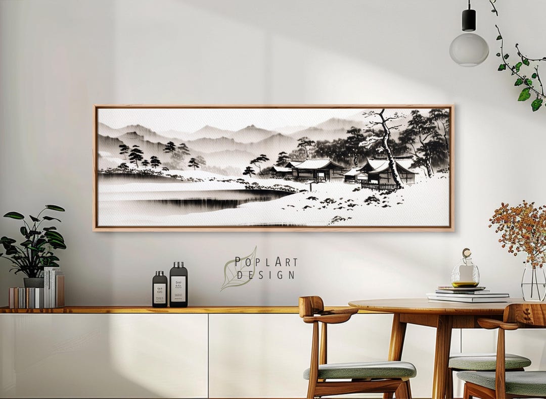 Horizontal Wall Art, Japanese Ink Art, Framed Canvas Above Bed Decor ...